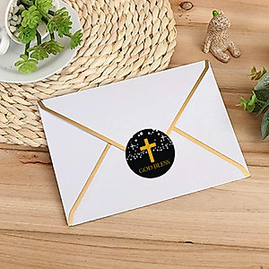 Fedyufook Black and Gold Cross Stickers God Bless Sticker Labels for Religious Baptism, Confirmation, Christening, First Communion - 2 Inches - 50 Count