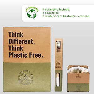 Eco Friendly and Biodegradable Bamboo Toothbrush Water Resistant | Plastic Free Round Handle | Antiseptic Medium Hard Bristles BPA-Free | Natural | Set of Toothbrushes | 200 Bamboo Cotton Swabs FREE