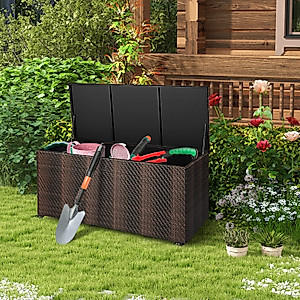 HAPPYGRILL Outdoor Rattan Deck Box, 96 Gallon PE Wicker Patio Storage Box with 4 Wheels and Liner, 2-in-1 Multifunctional Storage Box for Patio Furniture Cushions Garden Tools Pool Accessories
