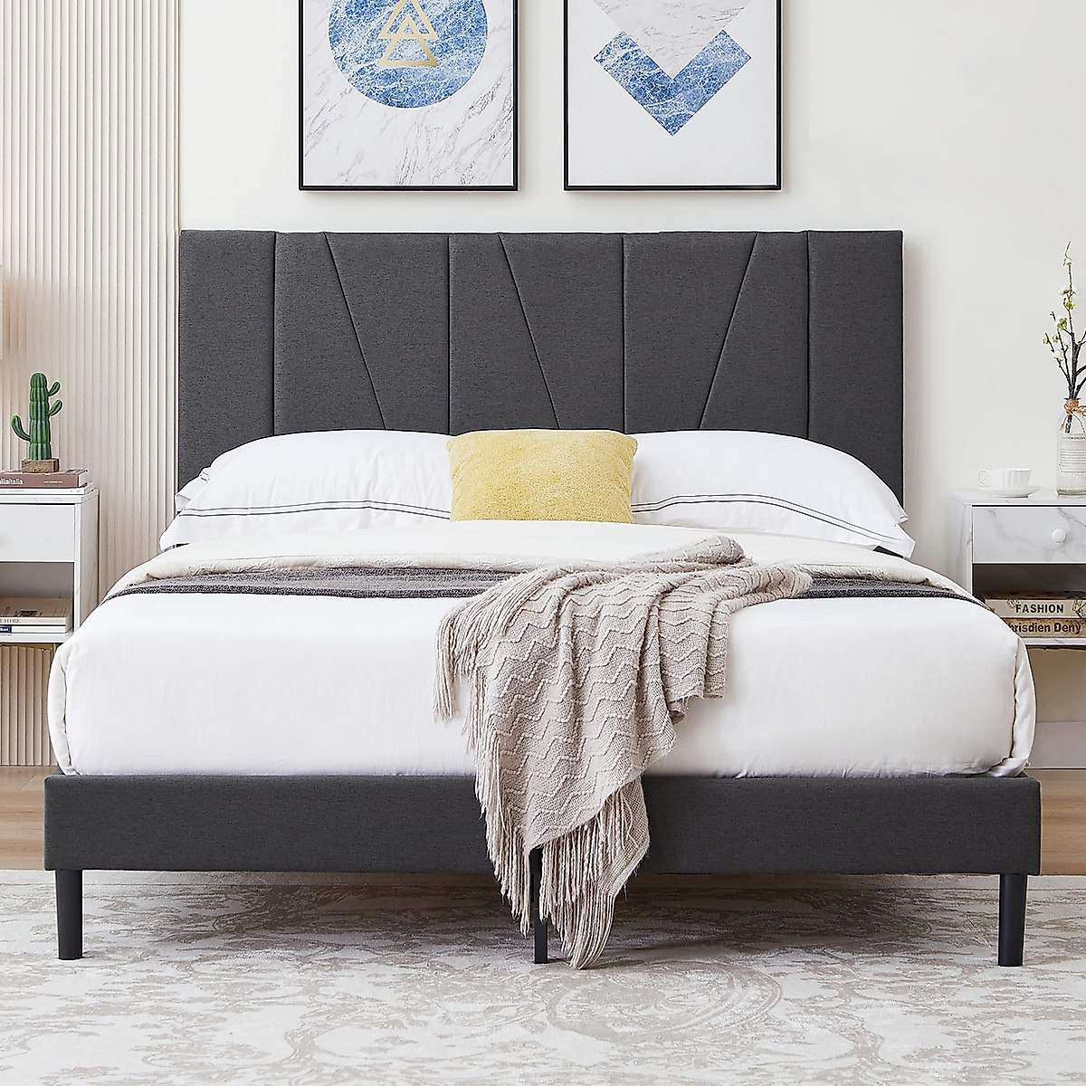 Flolinda Full Size Bed Frame Upholstered Platform with Complete Headboard and Strong Wooden Slats, No Box Spring Needed, Easy Assembly, Dark Grey