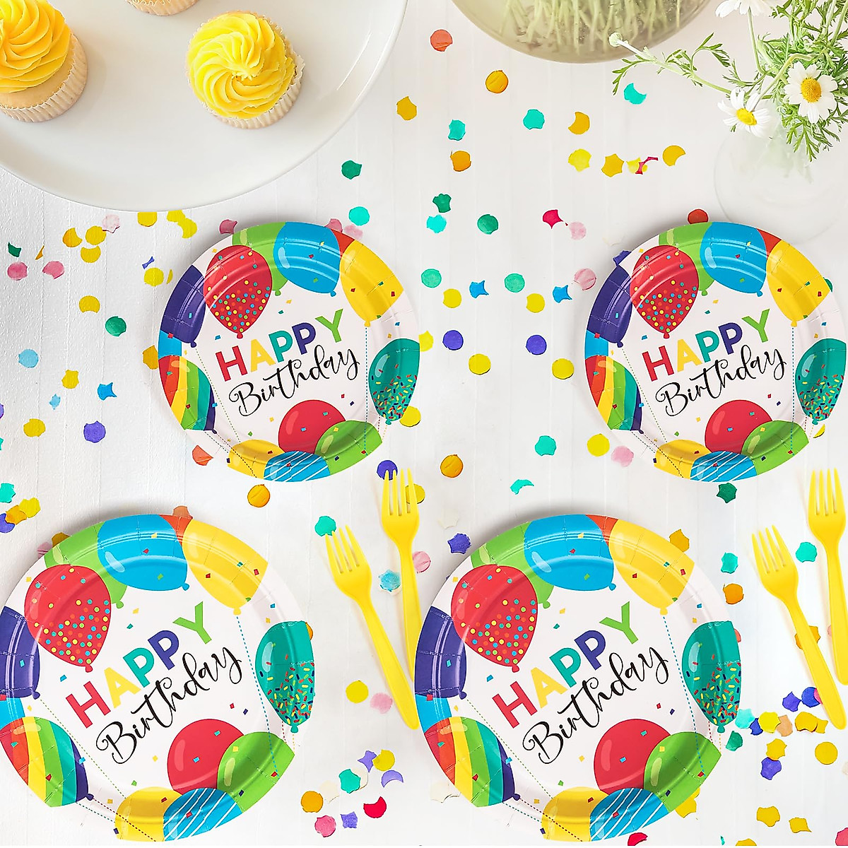 DECORLIFE Birthday Plates and Napkins Party Supplies Serves 24, Birthday Party Supplies for Kids Adults Girls Boys, Rainbow Confetti Balloons Party, Total 96PCS