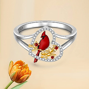 Cardinal Ring for Women Sterling Silver Heart Red Bird Cardinal Jewelry Spiritual Memorial Gifts for Loss of Loved One Size 8