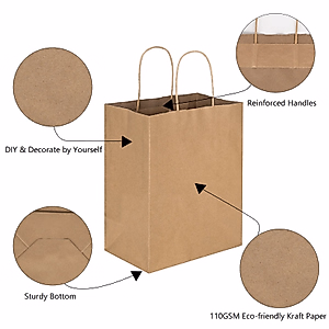 Toovip 50 Pack 8x4.75x10 Inch Medium Plain Brown Kraft Paper Bags with Handles Bulk, Gift Bags for Favors Grocery Retail Party Birthday Shopping Business Goody Craft Merchandise Take Out Sacks