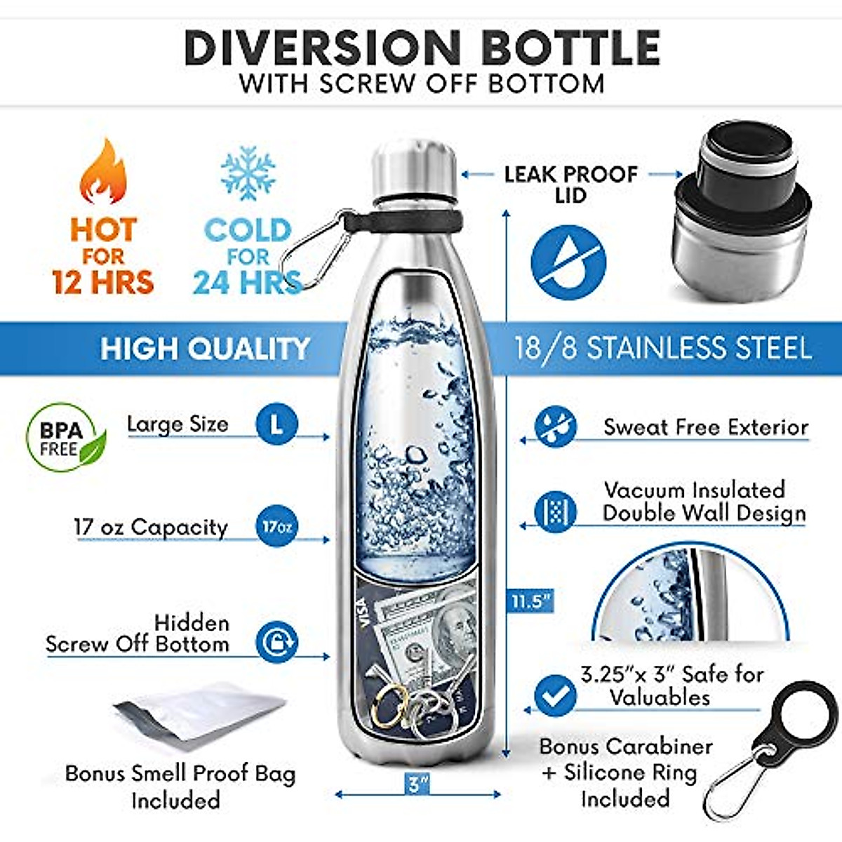 Travah Travel Water Bottle Stainless Steel Water Bottle with Storage for Cash, Keys, Valuables Insulated Water Bottle for Men and Women Hot and Cold Water Bottle Leak-Proof Water Bottle (Silver)