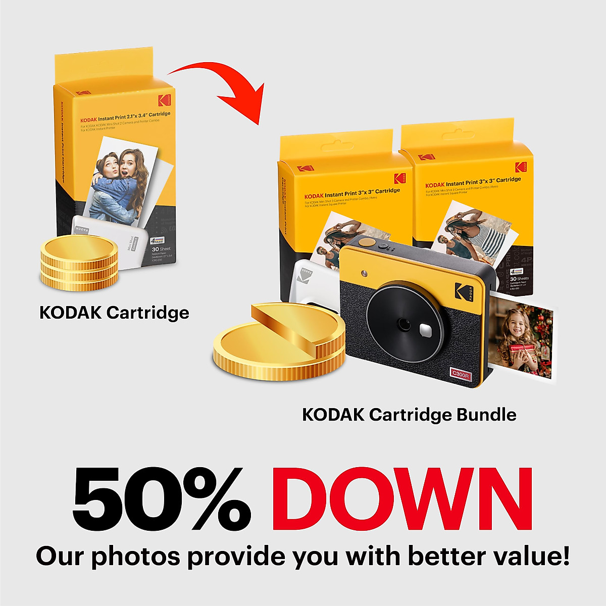 KODAK Mini Shot 3 Retro 4PASS 2-in-1 Instant Digital Camera and Photo Printer (3x3 inches) + 68 Sheets Cartridge Bundle, Yellow