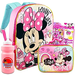 Color Shop Disney Minnie Mouse Backpack and Lunch Bag Set - School Supplies Bundle with Insulated Box Plus Water Bottle, Stickers, More (Disney for Kids)