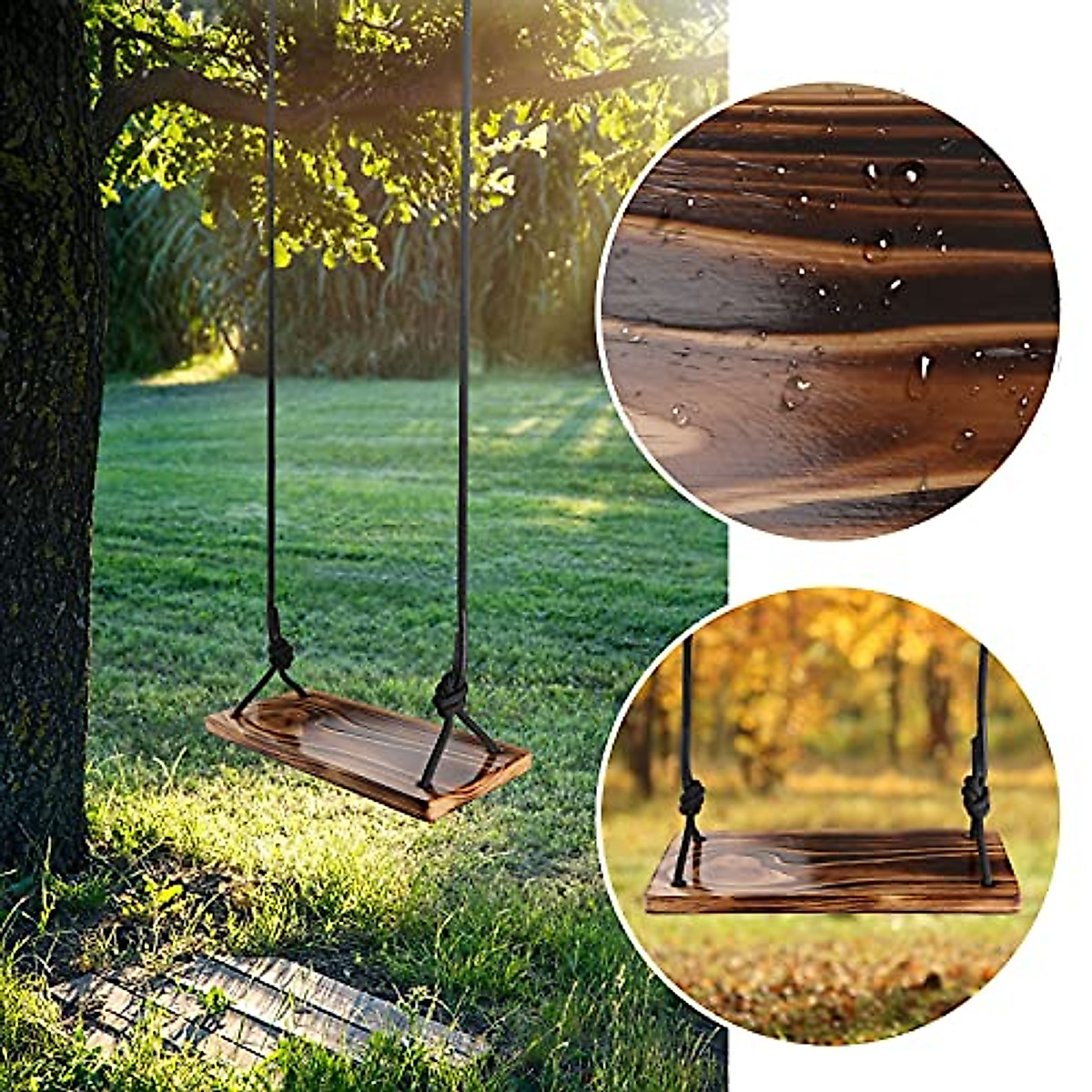 Tree Swing Seat,ATFWEL Carbonized Hanging Swing Seat with Adjustable Rope for Adult Kids Garden,Yard,Indoor,Outdoor Durable Wooden Swing Can Withstand 440LB (17.7x7.9x1.0 inch)