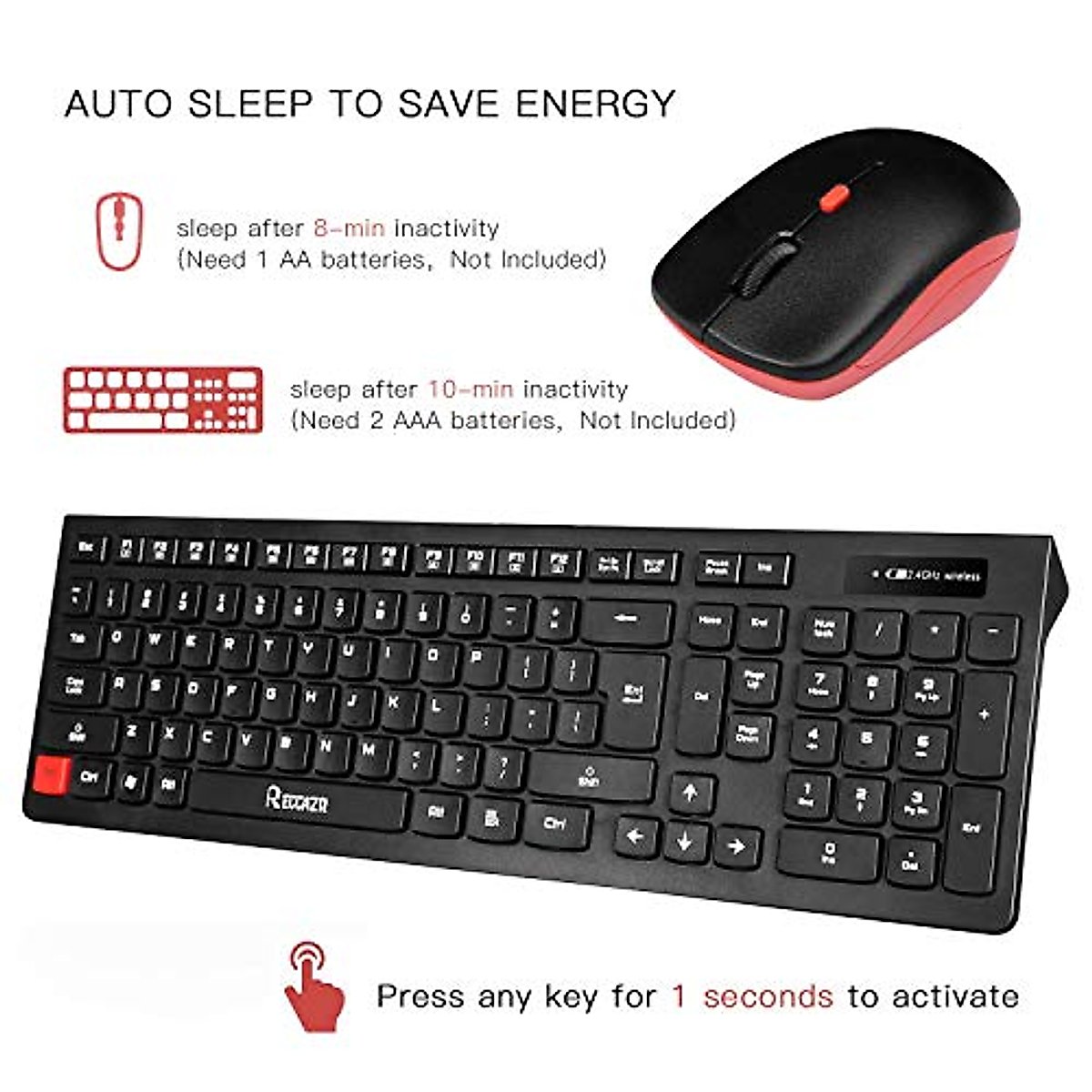 Wireless Keyboard and Mouse Combo ，DPI 1600, 2.4GHz Wireless Connection, Long Battery Life, Computer Keyboard and Mouse for PC, Desktop.Laptop, RECCAZR WC500 Design for Office and Home (Black)