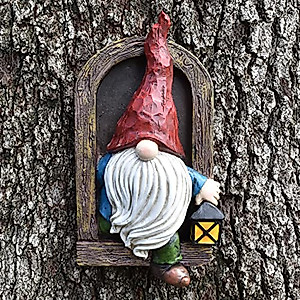 Hazel & Birch Outdoor Garden Gnome Out The Door Tree Hugger - Large Statues for Yard, Lawn, Patio, Porch - Hand Painted, Weatherproof Gnome Figurine (Out The Door Lantern Gnome)