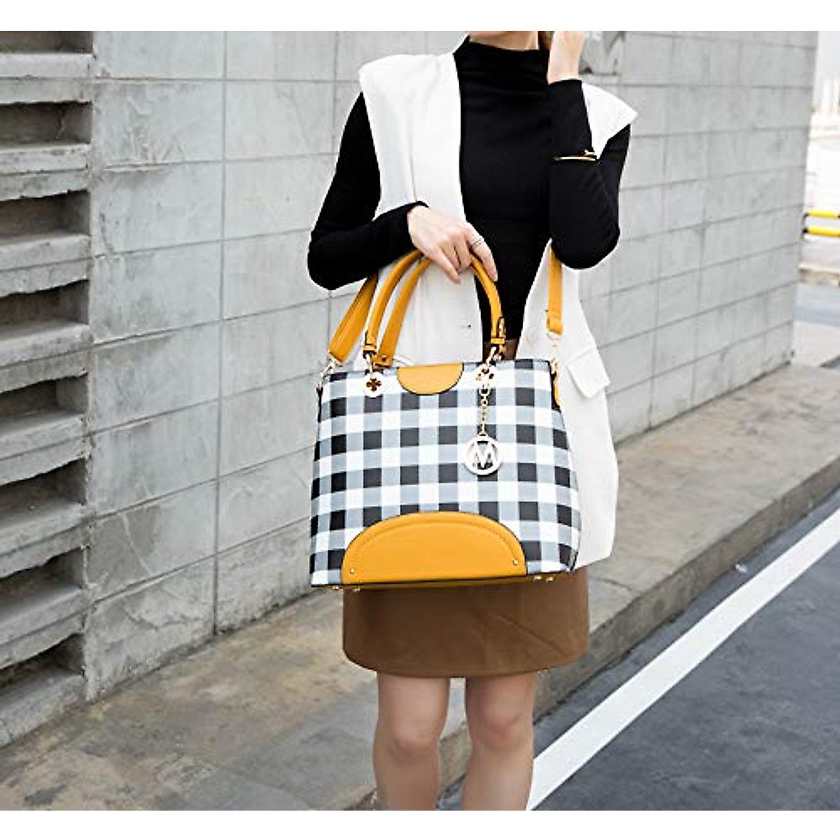 Mia K Collection Shoulder Bag for Women & Wristlet Wallet Purse Set: PU Leather Crossbody Tote Top-Handle Handbag Gaby Checker Cognac Brown