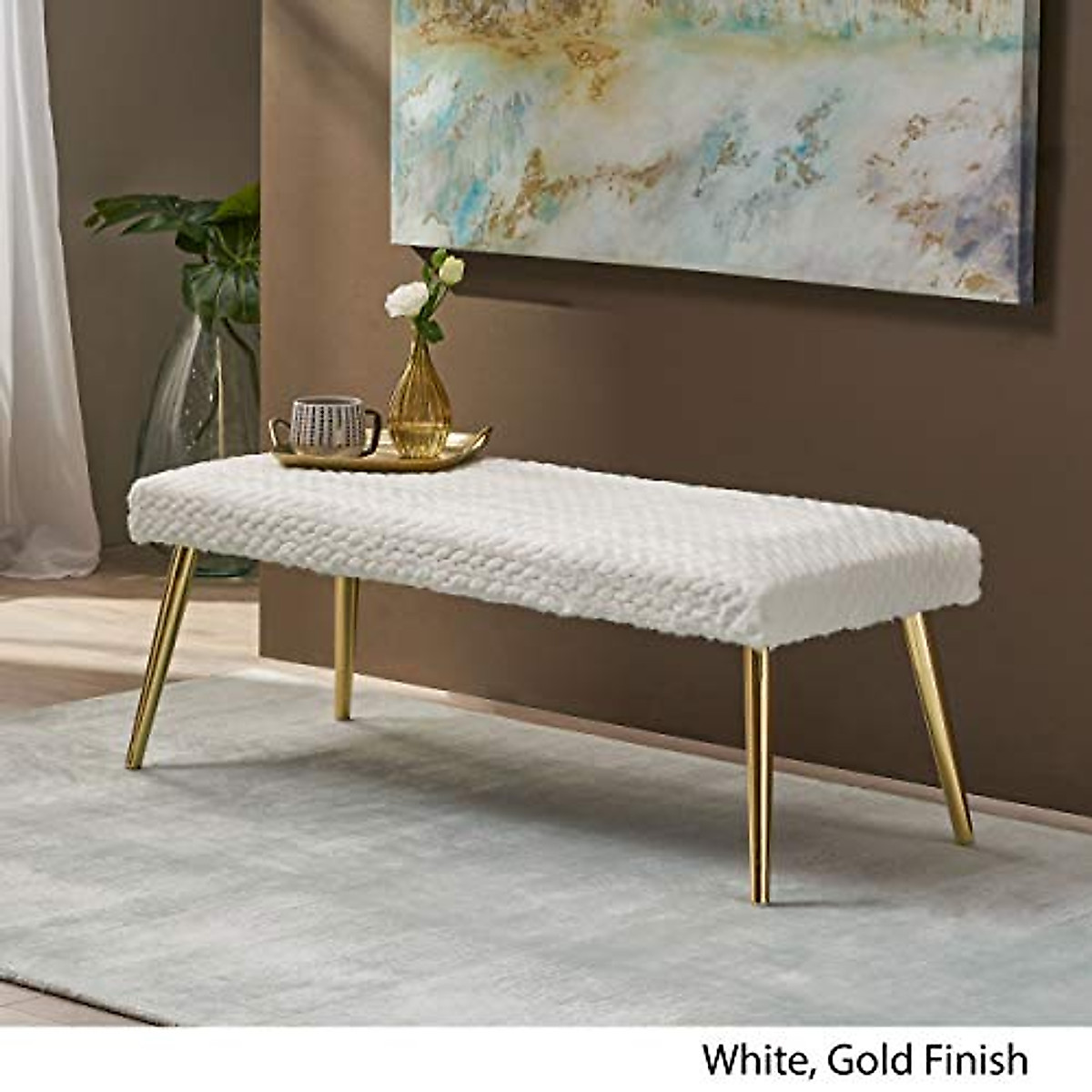 Christopher Knight Home Indira Patterned Faux Fur Bench, White and Gold Finish