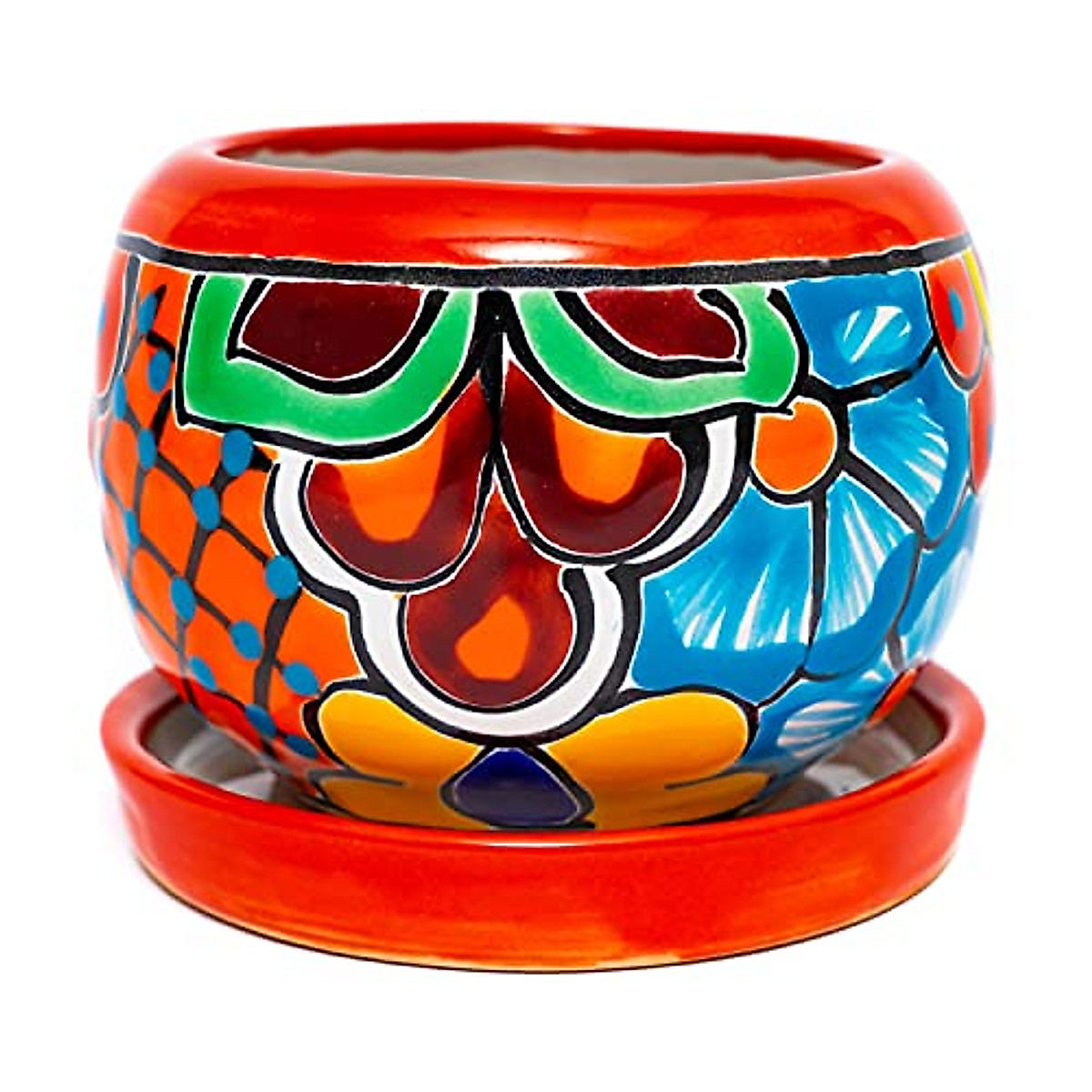 Enchanted Talavera Ceramic Succulent Pot Small Flower Planter Cactus Bonsai Pot W/Drainage Home Garden Office Desk Décor Gift (Small 4.5" x 4" with Saucer, Red)