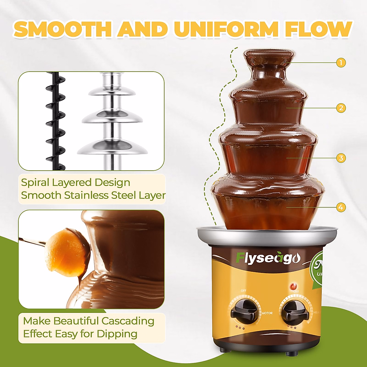 Flyseago 4 Tiers Chocolate Fountain Machine Upgraded Professional Fondue Fountain Easy Cleaning Hot Nacho Cheese Fountain for Party, Gathering, Wedding, Rental