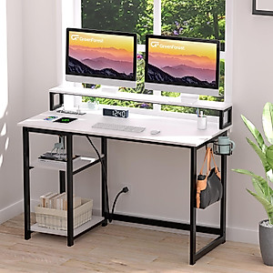 GreenForest Computer Desk with USB Charging Port and Power Outlet, Reversible Small Desk with Monitor Stand and Storage Shelves for Home Office, 40 in Work Desk with Cup Holder Hook, White