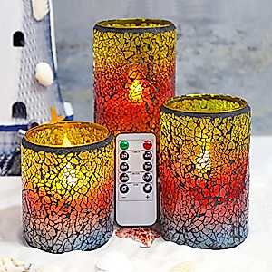 MELTONE Beach Decor Glass Electric Candles with Remote, Mosaic Sunset Theme Blinks LED Candles, Real Wax Battery Operated Candles for Bedroom Bathroom Patry Ocean Home Decorations, Set of 3