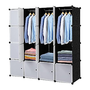 Kopokd Maximize Home Organization with Stackable Modular Shelving Closet Organizer - Plastic Storage Cubes with Hanging Rod and Wardrobe Cabinet Plus White Doors and Black Panels