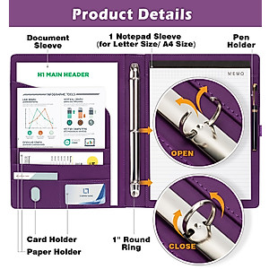 Leather Padfolio 3 Ring Binder (1 inch Round Ring) for Letter Size (11" x 8.5"), Business Portfolio Folder for Interview, Conference and Presentation, Purple