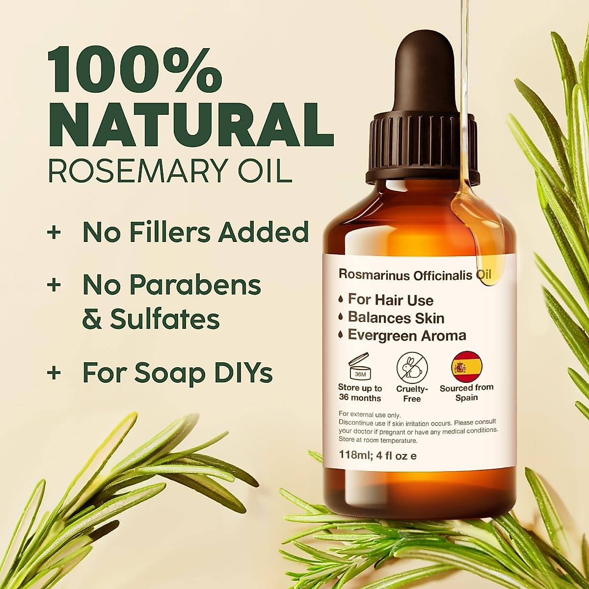 Kukka Rosemary Oil for Hair - 100% Natural Rosemary Hair Oil - Rosemary Essential Oils for Skin, Diffuser & Aromatherapy - Soap Making & DIY (4 Fl Oz).