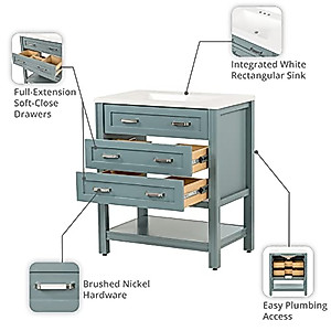 Spring Mill Cabinets Eaton Bathroom Vanity with 2 Drawers, Open Shelf, and White Sink Top, 30.25" W x 18.75" D x 35.41" H, Sage
