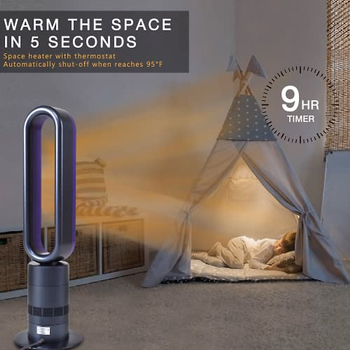 HealSmart 32-inch Space Heater Bladeless Tower Fan, Heater & Fan Combo, 9H Timer 10 Speeds with Remote Control, Air Circulator Fan for Home Air Conditioner, Purple