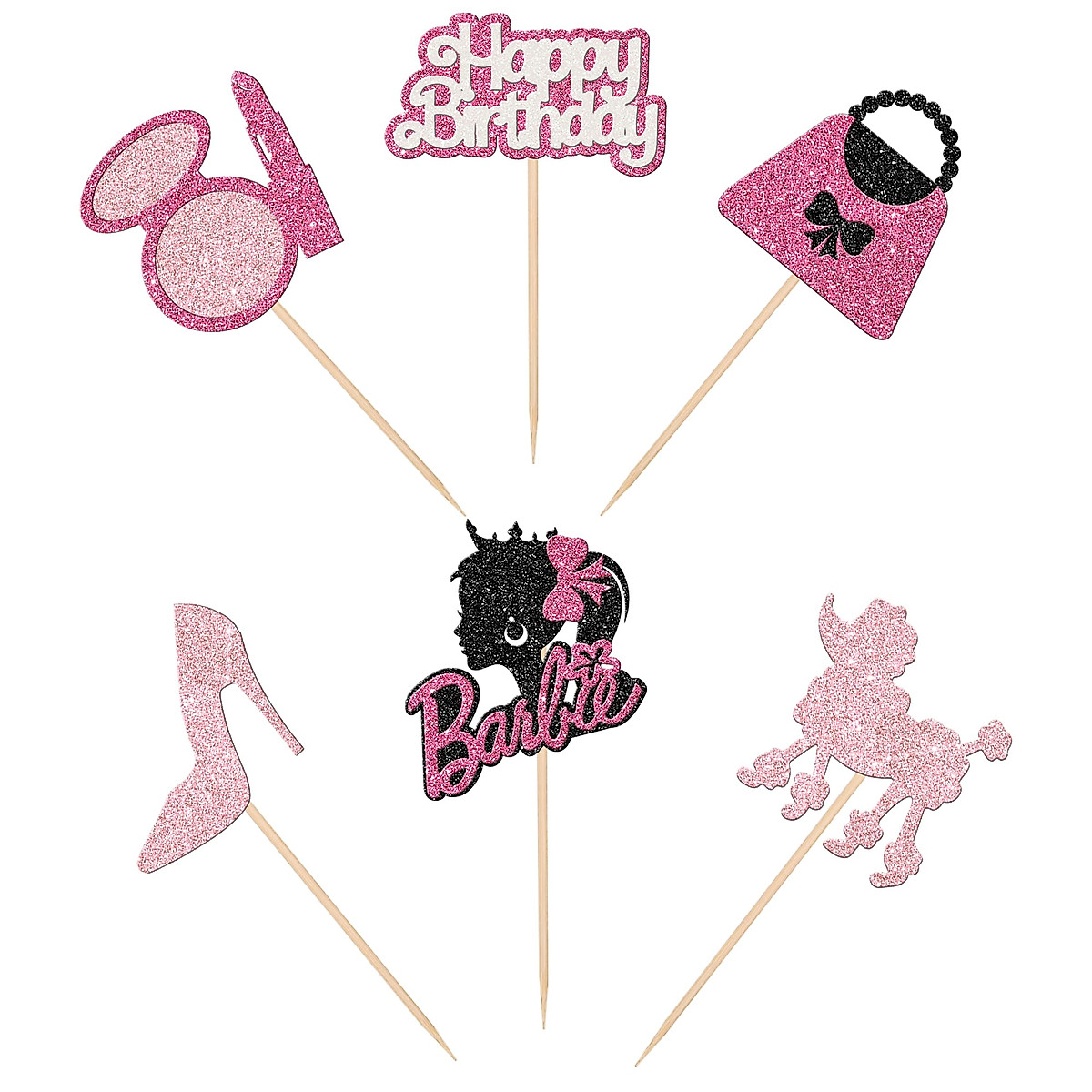 30 Pack Princess Cupcake Toppers Glitter Happy Birthday Lipstick High Heel Bag Cupcake Picks for Baby Shower Bridal Shower Wedding Princess Birthday Anniversary Theme Party Cake Decorations Pink Black
