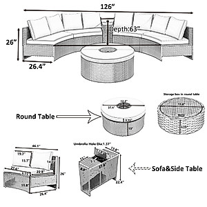 KLMM 6 Pieces Outdoor Sectional Conversation Set,Patio Half Round PE Wicker Furniture Sofa Set with 1 Storage Side Table for Umbrella,for Porch Lawn Garden Backyard Poolside