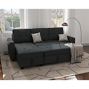 Ucloveria Sectional Sofa Couch, Sleeper Sofa Bed with Reversible Storage Chaise Pull Out Couch Bed for Living Room L-Shape Lounge 2 in 1 Futon Sofa with Side Storage Bag, Black
