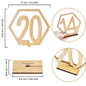 BravOne Wooden Table Numbers, Hexagon Shape 1-20 Wedding Table Numbers with Holder Base Rustic Hollow Out Wood Table Numbers Card for Wedding Party Event Catering Decoration (Hexagon)