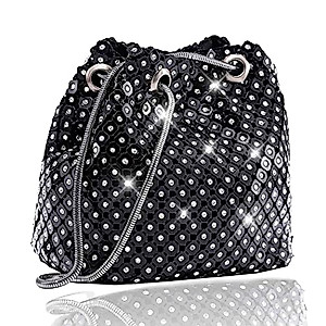 Yokawe Women's Bling Crystals Evening Clutch Bag Sparkly Metal Sequins Purse Glitter Rhinestone Bucket Bags Prom Cocktail Party Wedding Handbags (Black)