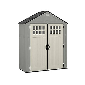 Suncast BMS6312D Everett 6' x 3' Heavy-Duty Resin Outdoor Pad-Lockable Double Doors and Windows All-Weather Shed for Yard Storage, Dove Gray
