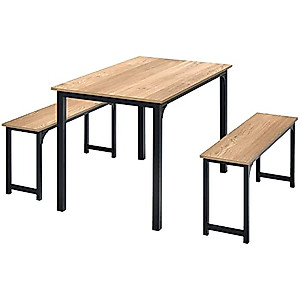 Giantex Dining Table with Bench, Modern Studio Collection Table with 2 Benches, Kitchen 3Pcs Bench Dining Table Set with Metal Frame for Living Room, Kitchen, Small Space