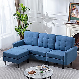 VECELO Convertible Sectional Sofa, Modern Linen Fabric L-Shaped Couch with Reversible Chaise for Living Room/Apartment/Office, Blue