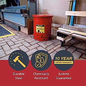 Justrite 6 Gallon Galvanized Steel Oily Waste Can, 16" x 12" Metal Oil Rag Safety Can with Quiet Foot-Operated Self-Closing Lid for Oil Rag Disposal, Made in The USA, Red, 09108