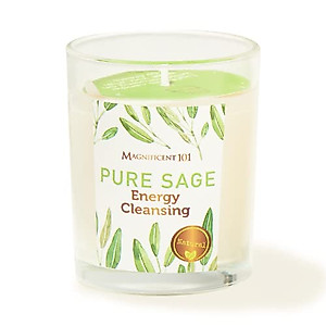 Magnificent 101 Pure Sage Energy Cleansing Candle for Smudging, Purification, Chakra Healing; Great Gift for Meditation, Aromatherapy & Yoga Practice; 100% Natural Soy Wax Candle in 6-oz. Glass Holder