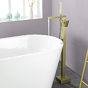 SHAMANDA Freestanding Bathtub Faucet Single Handle Bath Tub Filler Faucet with Hand Shower Brushed Gold, Floor Mount, FL801-3