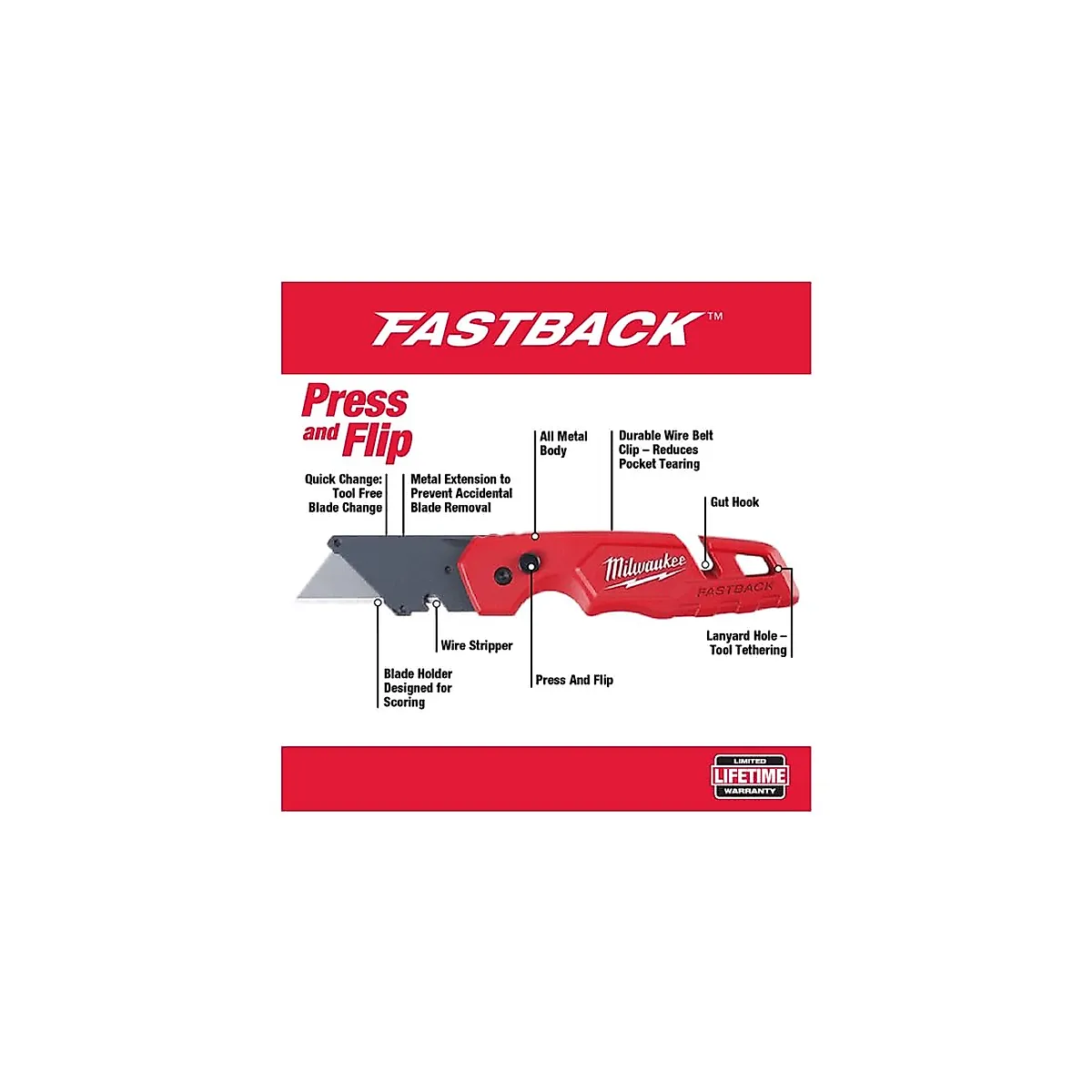 Milwaukee 48-22-1901 Fastback Press and Flip Utility Knife with Belt Clip and Onboard Wire Stripping