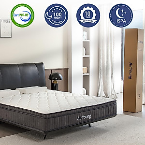 AirYoung 12 inch Queen Mattress, Memory Foam Hybird Pocket Coil Queen Mattress, Zero Pressure Deep Sleep, Motion Isolation Pressure Relief Strong Edge Support, Plush Feel, with CertiPUR-US Certified