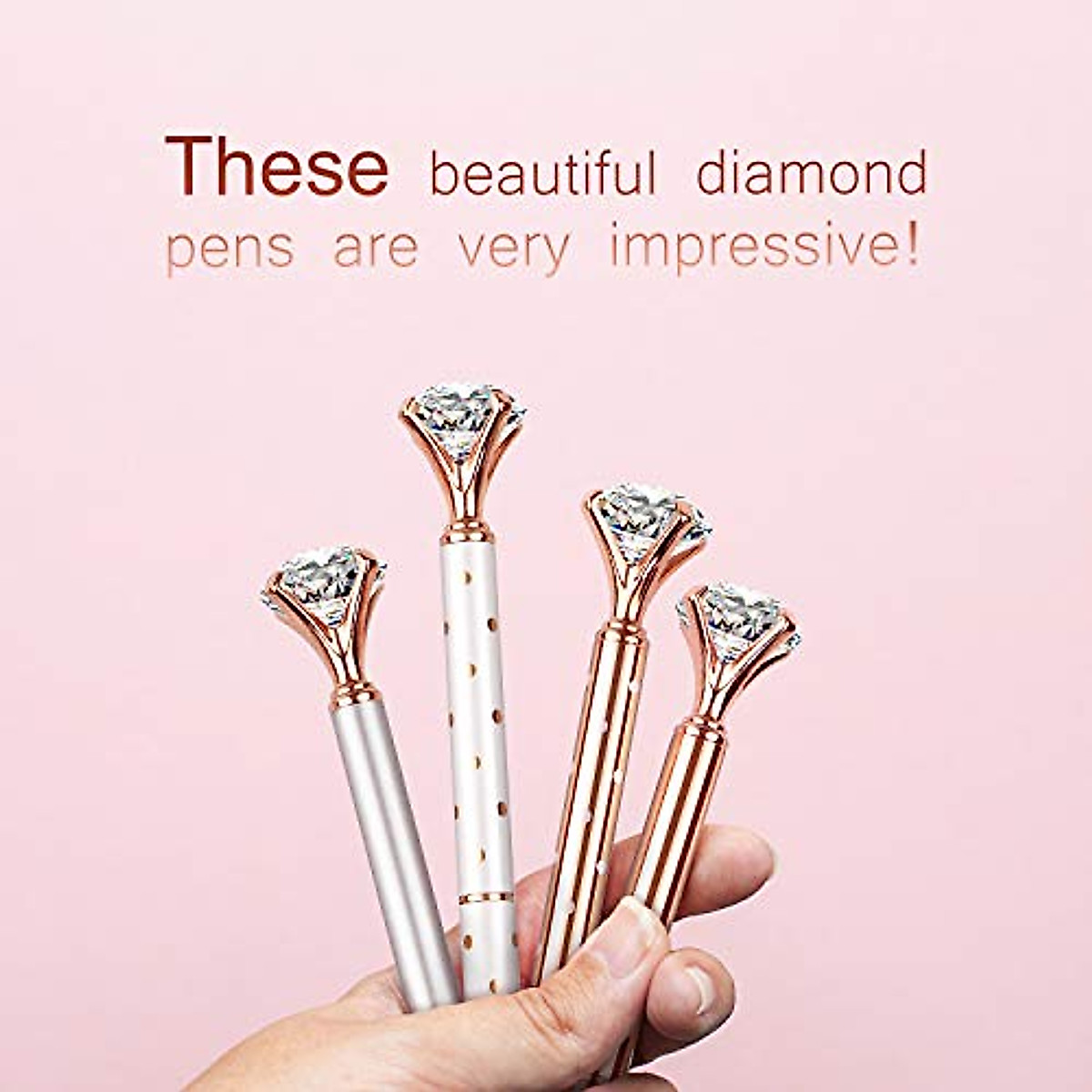 4 PCS Diamond Pen With Big Crystal Bling Metal Ballpoint Pen, Office Supplies And School, Rose Gold/White Rose Polka Dot/Silver/Rose Gold With White Polka Dots, Includes 4 Pen Refills