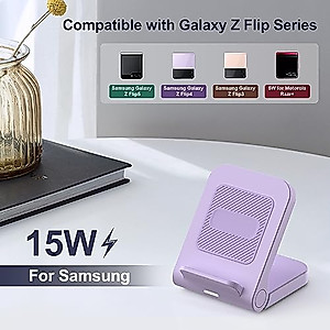 for Samsung Galaxy Z-Flip Wireless Charger: Galaxy Z Flip 5/4/3 Wireless Charging Stand,15W Fast Wireless Charger for Galaxy Z Flip5/Z Flip4/Z Flip3,Razr(At 5W)Easy Carry(QC3.0 Adapter Included)Purple