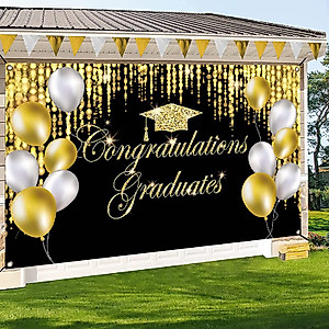 Black Gold Congrats Grad Banner Backdrop for Class of 2022 Party Decorations Supplies Graduation Photo Background Indoor Outdoor Party Backdrop Banner
