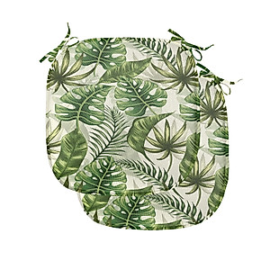 Lunarable Tropical Chair Seating Cushion Set of 2, Rainforest Island Jungle Foliage Pattern Green Leaves Retro Nature, Anti-Slip Seat Padding for Kitchen & Patio, 16"x16", Green Olive Green Cream