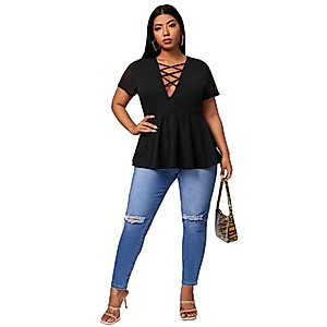 SOLY HUX Womens Plus Size Sexy Tops Criss Cross Blouses V Neck Short Sleeve Shirts Pure Black 2XL