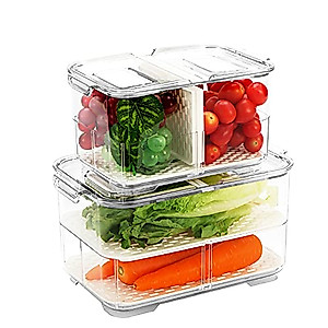 REFSAVER Produce Container Bins for Refrigerator Fruit Storgae Container with Foldable Lid Fridge Produce Saver with Removable Drain Tray Vegetable Baskets for Kitchen