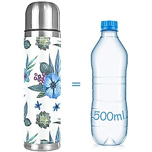 Watercolor Blue Floral Flower Cute Stainless Steel Water Bottle Leak-Proof, Double Walled Vacuum Insulated Flask Thermos Cup Travel Mug 17 OZ