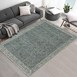 Casavani Hand Made Cotton Dhurrie Floral Blue & Beige Tassel Rug Easy Care Washable Rugs for Doormat Entryway Living Room Bedroom Hallway Balcony 12x15 Feet