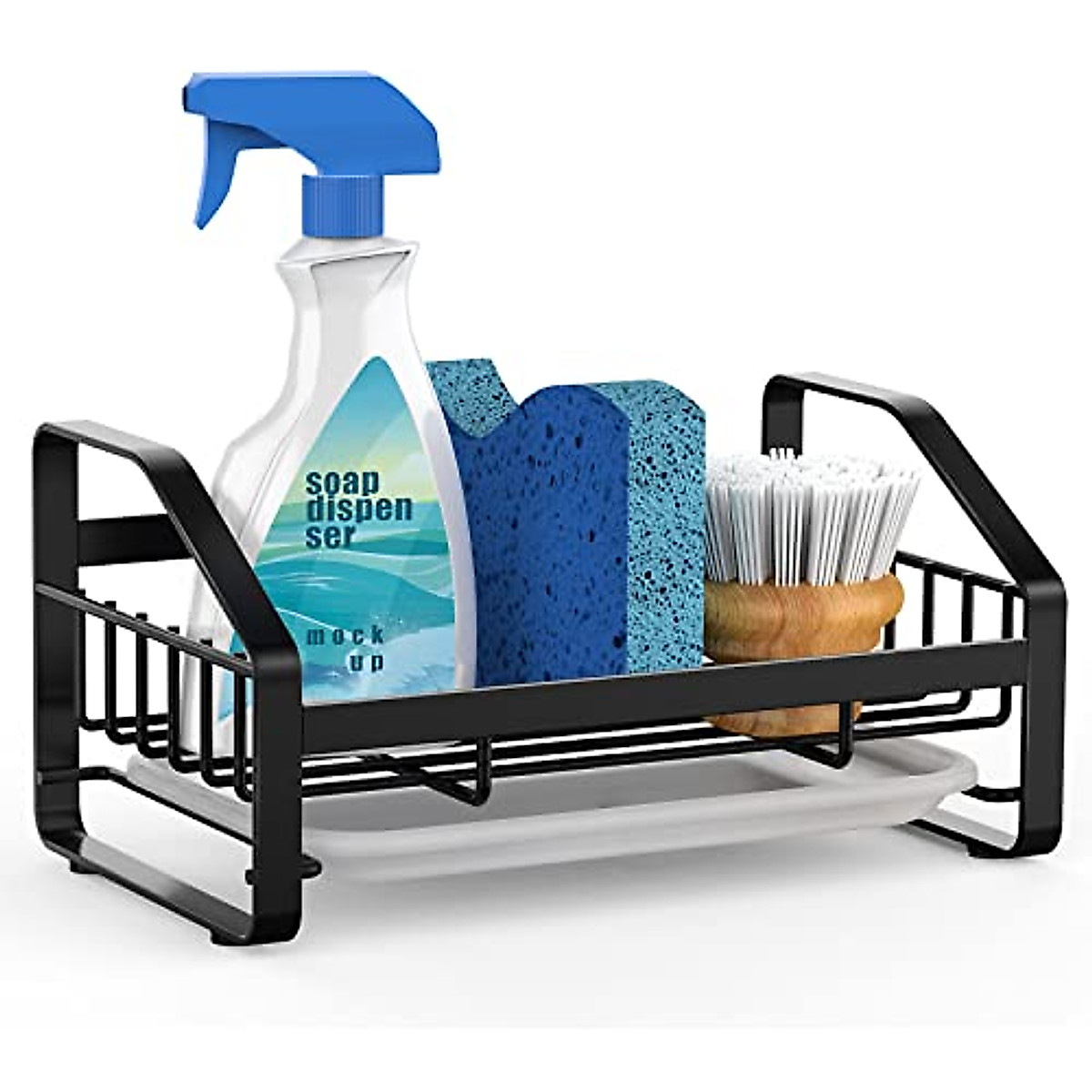 MEYONER Sink Caddy, Sponge Holder for Kitchen Sink, Sink Accessories, Dish Soap Holder Caddy for Countertop, 304 Stainless Steel with Removable Drain Pan for Sponge, Brush, Dish Soap Bottles(Black)