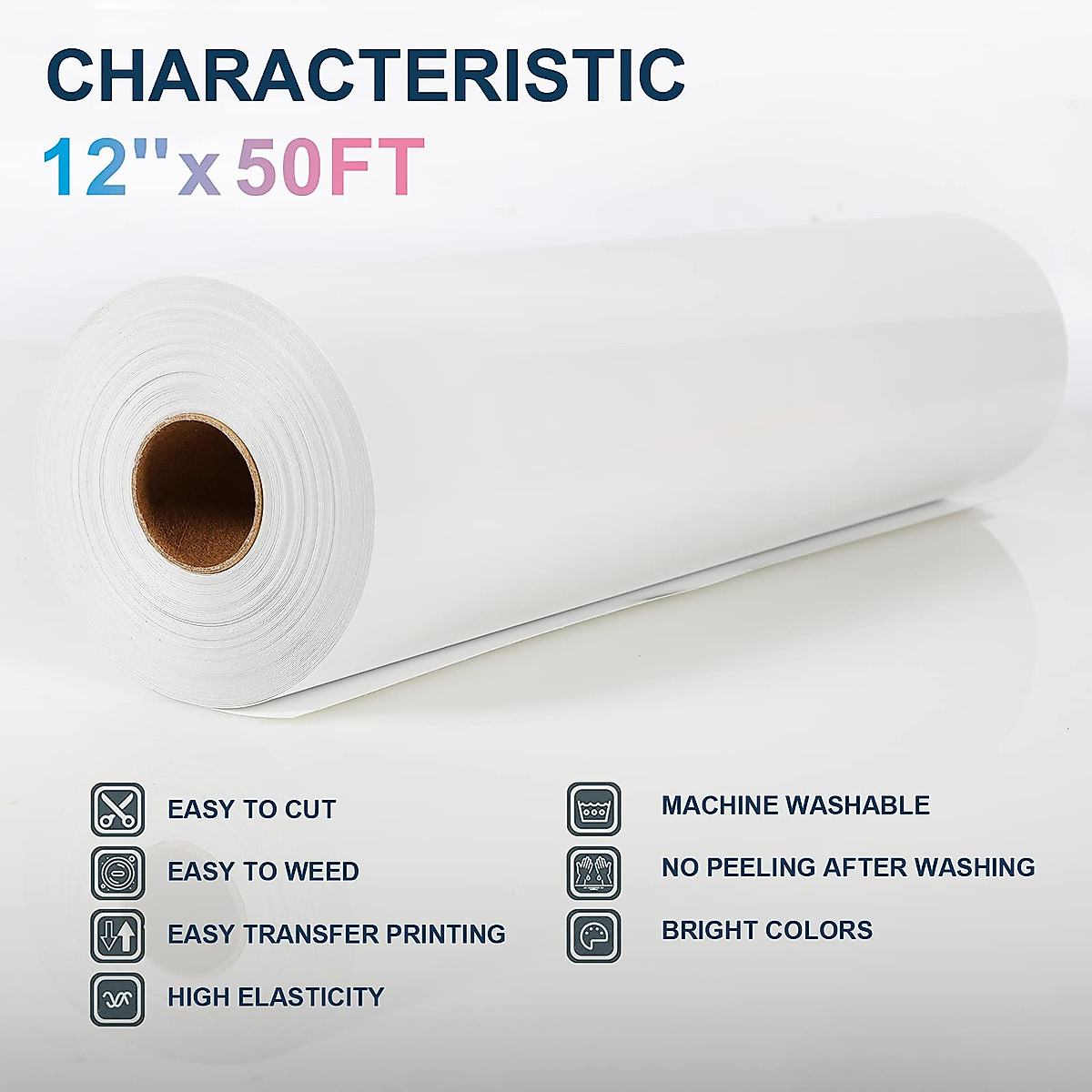 XSEINO Heat Transfer Vinyl Roll, 12" x 50FT HTV Vinyl Roll with Teflon for Shirts, White Iron for Cricut & Cameo, Easy to Cut for Heat Transfer Vinyl Design (White)