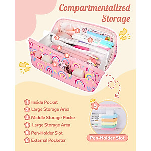 LISEVO Aesthetic Cute Large Pencil Case, Unique Big Capacity Colored Rainbow Pencil Cases Pouch School Office Stationery Organizer Bag for Girls Women with Compartments & Zipper