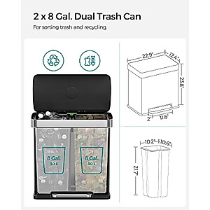SONGMICS Kitchen Trash Can, 16 Gallons (2 x 8 Gallons) Dual Compartment Garbage Can, 60L Pedal Recycling Bin, Stay-Open Lid and Soft Closure, Stainless Steel, 15 Bags Included, Silver ULTB202E01
