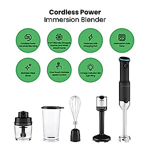 CHEFMAN Cordless Portable Immersion Blender 5-in-1 Blender Set, Ice Crushing Power with One-Touch Speed Control, Comes with Potato Masher, Whisk, Chopper, Beaker, and Storage Case, Stainless Steel